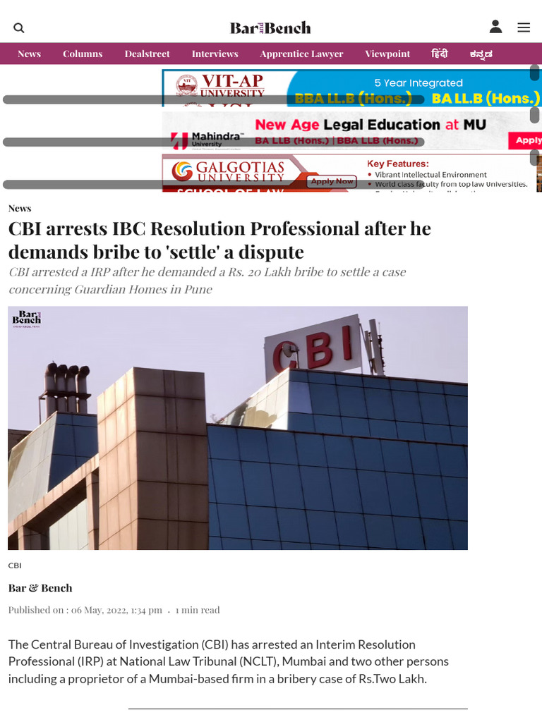 CBI Arrests IBC Resolution Professional After He Demands Bribe To ...