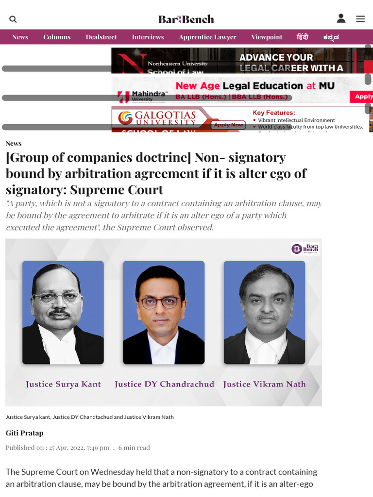 (Group of Companies Doctrine) Non - Signatory Bound by Arbitration Agreement If It Is Alter Ego ...