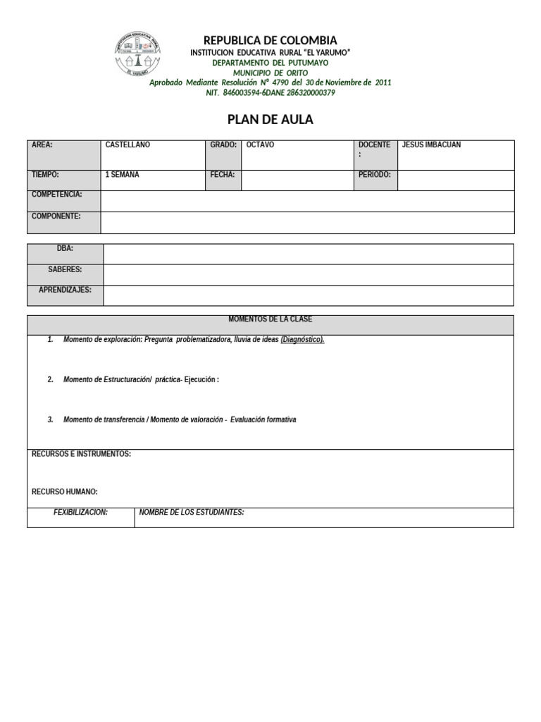 FORMATO PLAN DE AULA | PDF