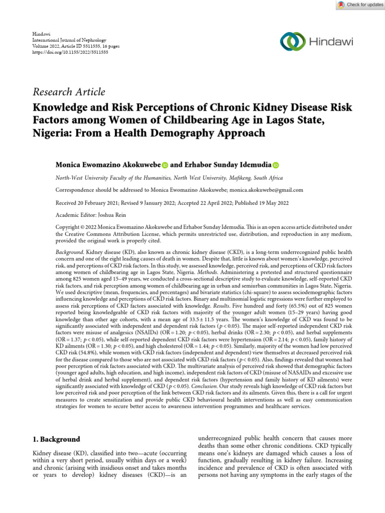 International Journal of Nephrology - 2022 - Akokuwebe - Knowledge and Risk Perceptions of ...