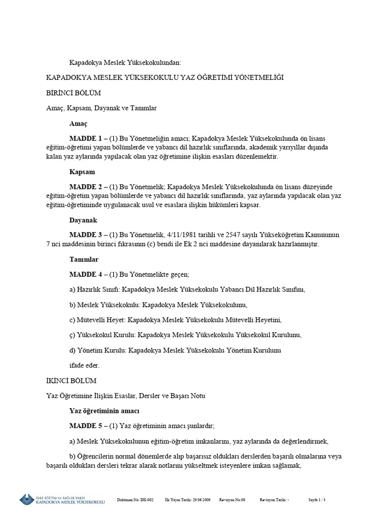 DK-002 Yaz Öğreti̇mi̇ Yönetmeli̇ği̇ | PDF