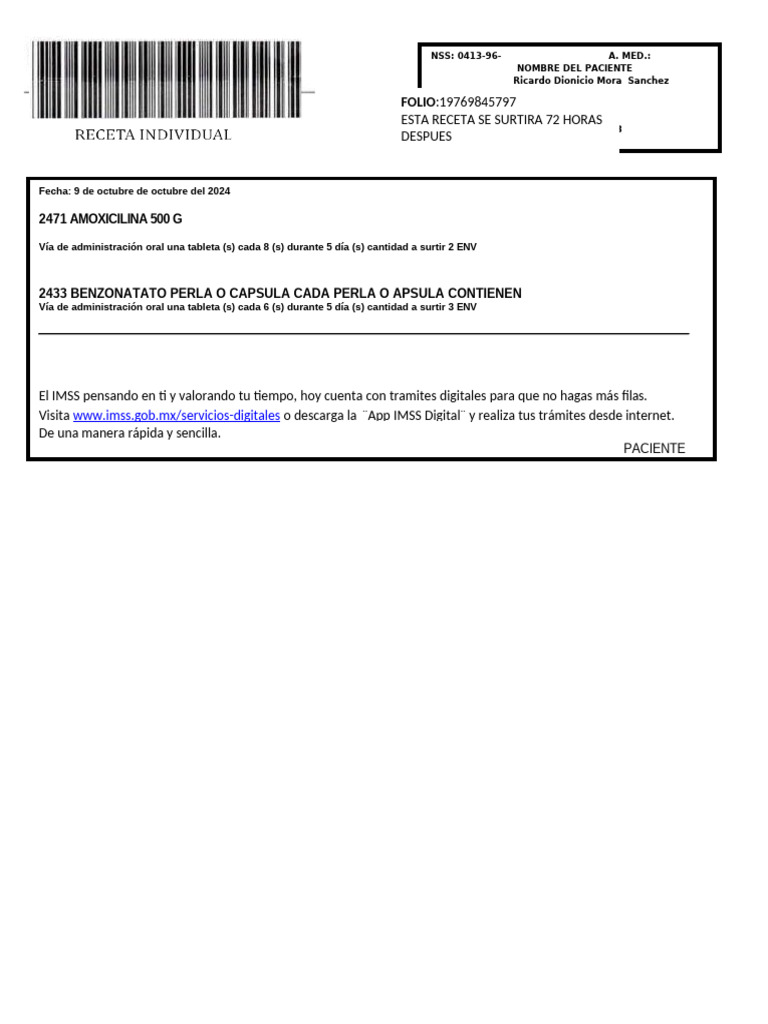 Receta Médica Digital IMSS 2024 | PDF
