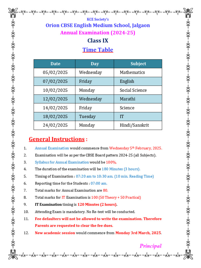 Grade IX Annual Exam Time Table 2024-25 | PDF
