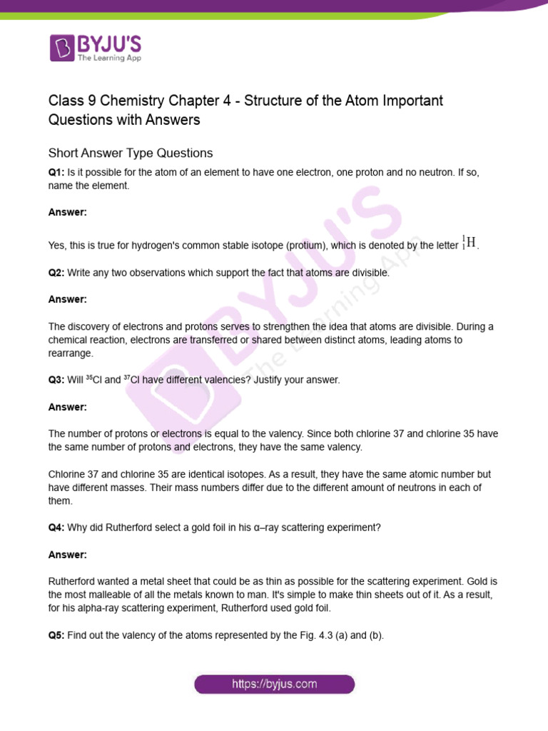 Class 9 Chemistry: Atom Structure Q&A | PDF | Atoms | Ion