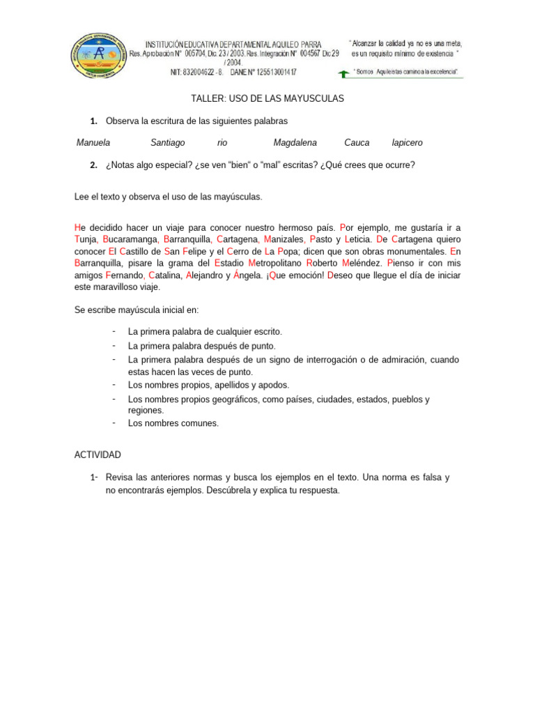 Taller Uso de La Mayuscula | PDF