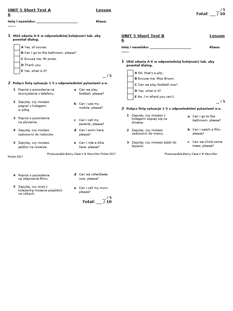 Brainy kl4 Short Tests Unit 5 Lesson 6 | PDF