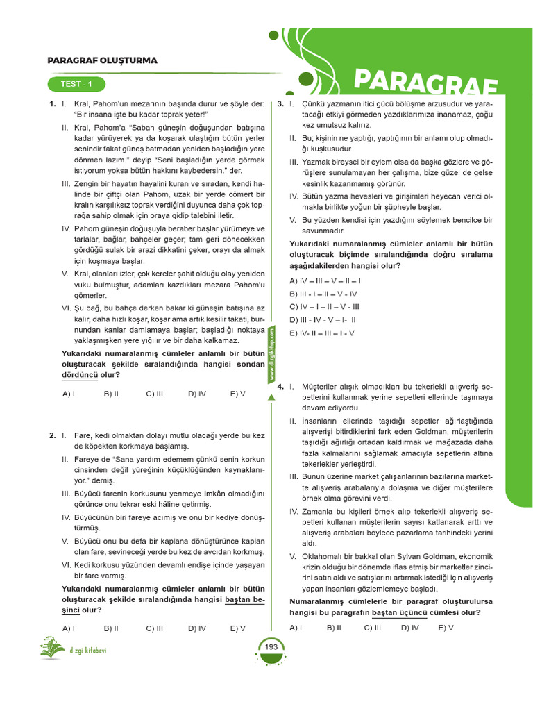 Paragrafta Siralama Sorulari | PDF