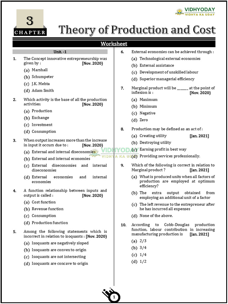 Chapter - 3 Theory of Production and Cost WorkSheet | PDF | Production ...