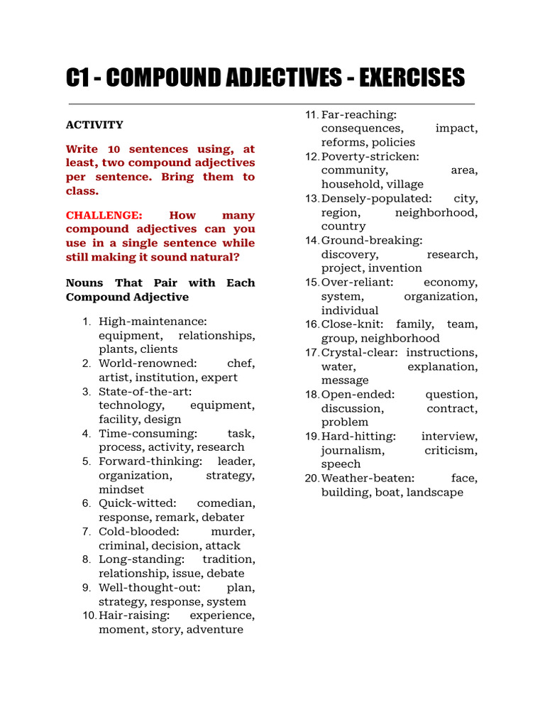 C1. - Exercise - Compound Adjectives | PDF