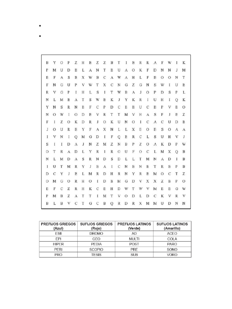 Sopa de Letras de Prefijos y Sufijos | PDF