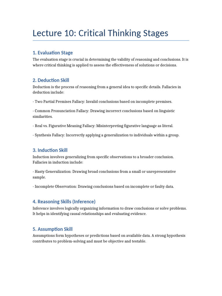 Critical Thinking Lecture 10 Summary | PDF | Fallacy | Inductive Reasoning
