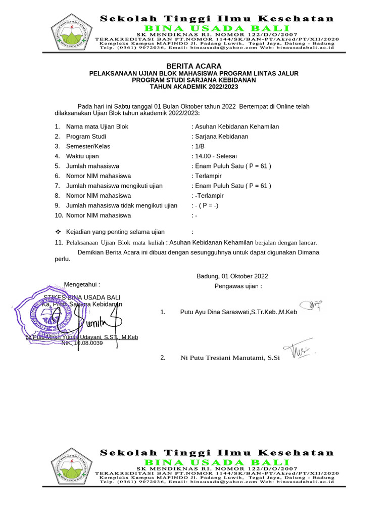 BA PLJ Kehamilan 2022-2023 SMTR 1 KELAS B | PDF