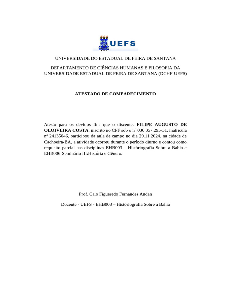 Atestado de Aula de Campo UEFS 2024 | PDF