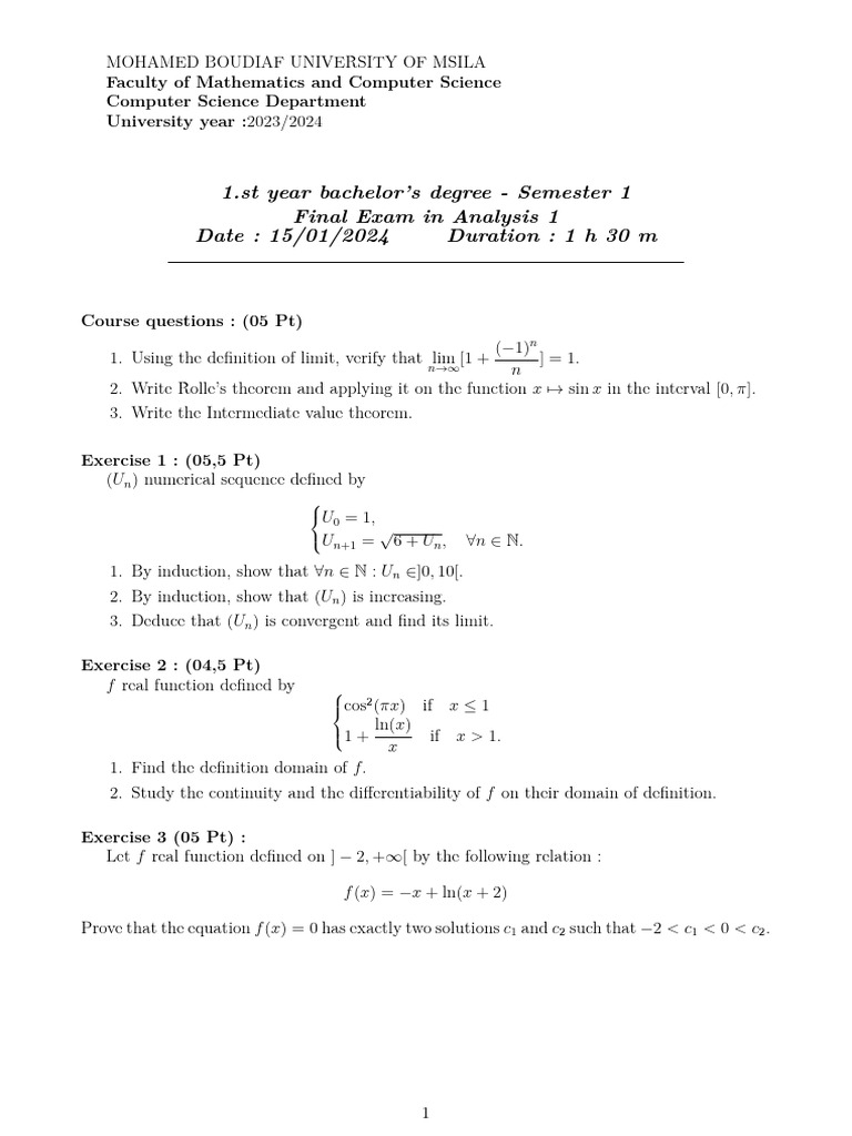 Final Exam 2 Analysis 1 | PDF | Function (Mathematics) | Continuous Function