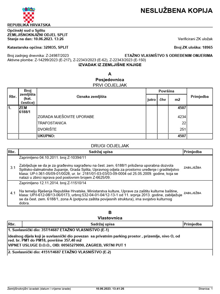 Izvadak Iz Zemljisne Knjige ZK-18965-SPLIT | PDF