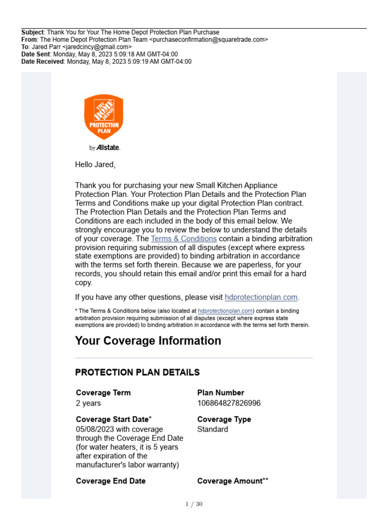 2023-05-08-Thank You For Your The Home Depot Protection Plan Purchase | PDF | Arbitration ...