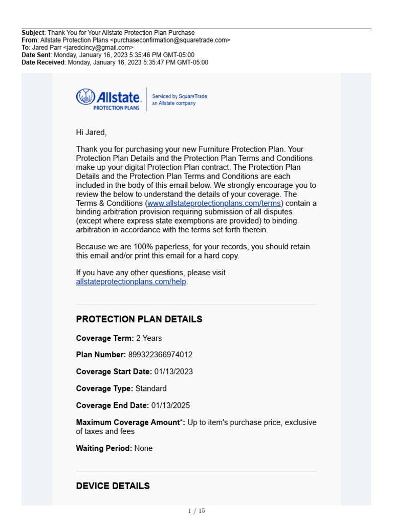 2023-01-16-Thank You For Your Allstate Protection Plan Purchase | PDF ...