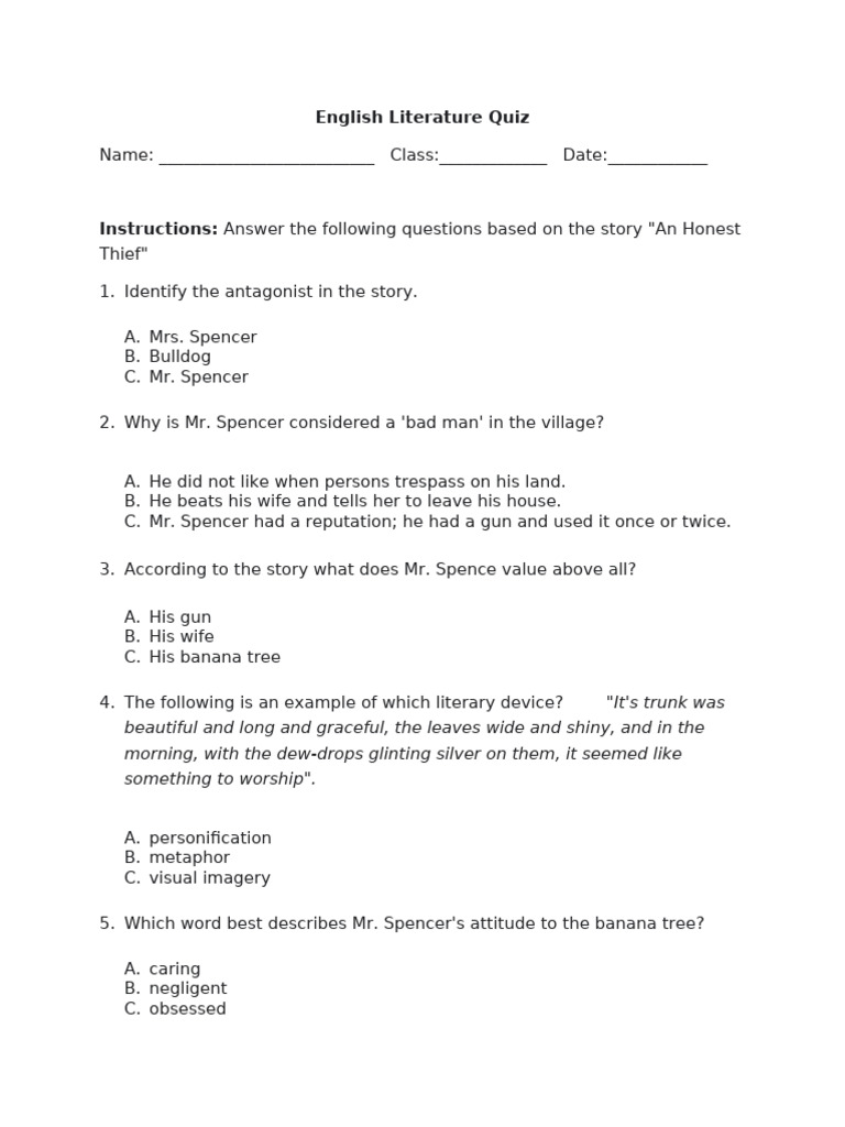 English Literature Quiz on "An Honest Thief" | PDF