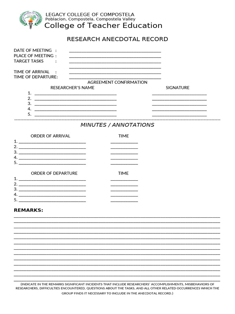 Research Anecdotal Record Template | PDF