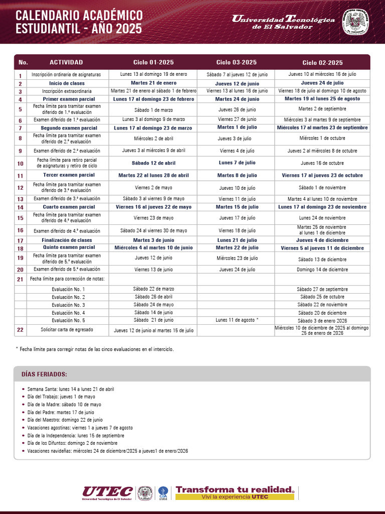 UTEC Calendario Academico 2025 | PDF