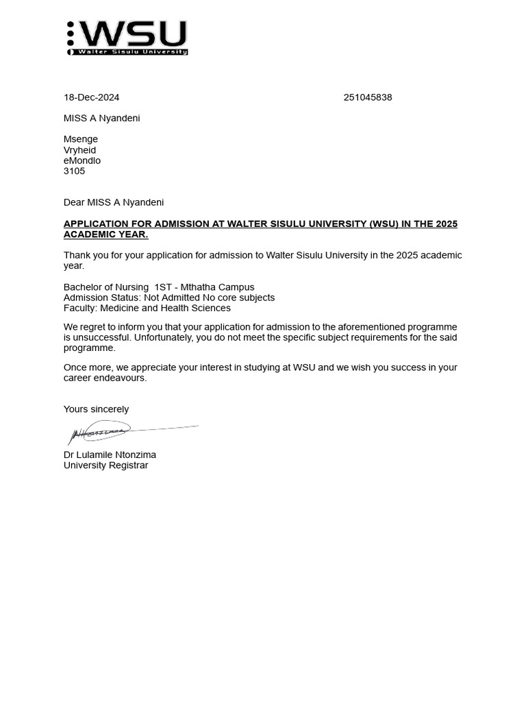 Application For Admission at Walter Sisulu University (Wsu) in The 2025 ...