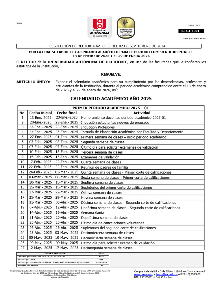 Calendario Académico UAO 2025-2026 | PDF