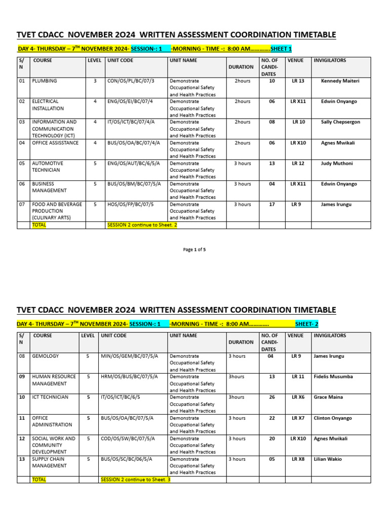 TVET 2024 Written Assessment Timetable | PDF