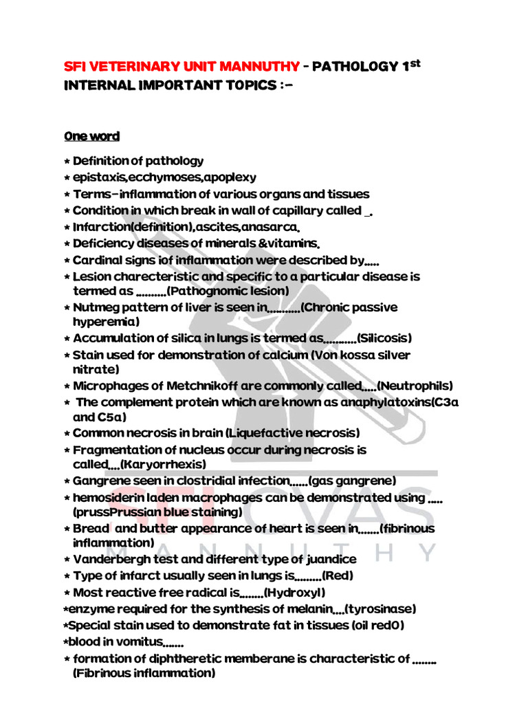 SFI - Pathology 1st Internal Important Topics | PDF | Inflammation ...