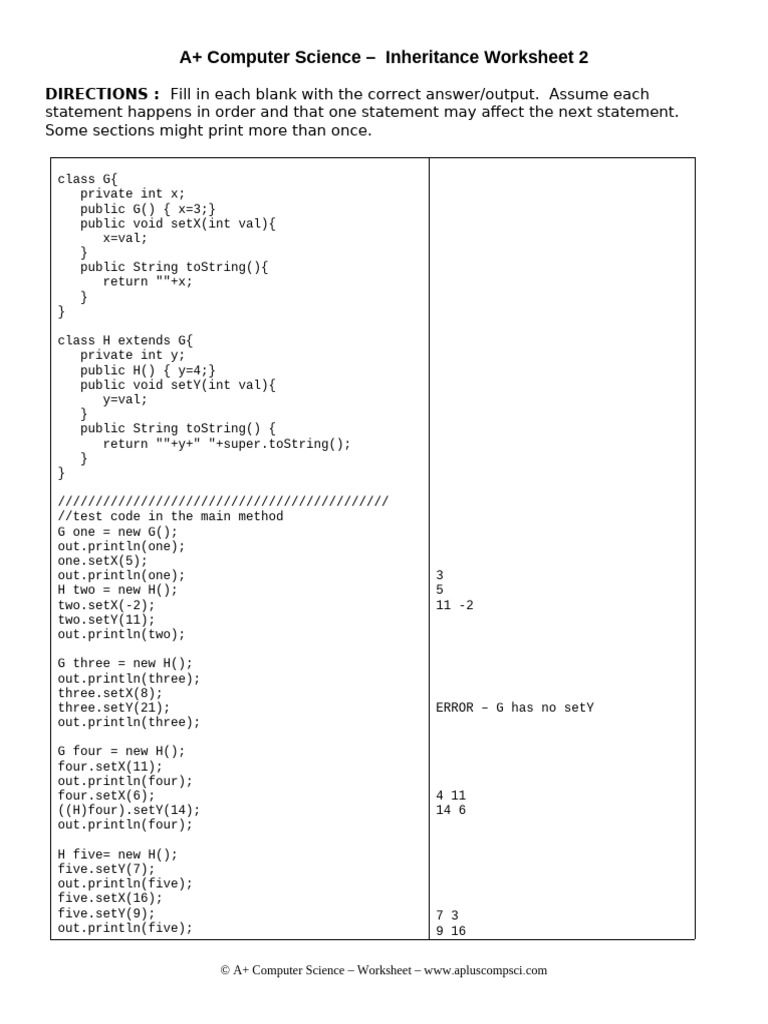 Inheritance Worksheet2 Java Aplus Key | PDF