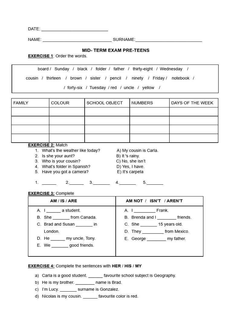 MID - TERM EXAM PRE-TEENS (2) MMM MM NMMN | PDF