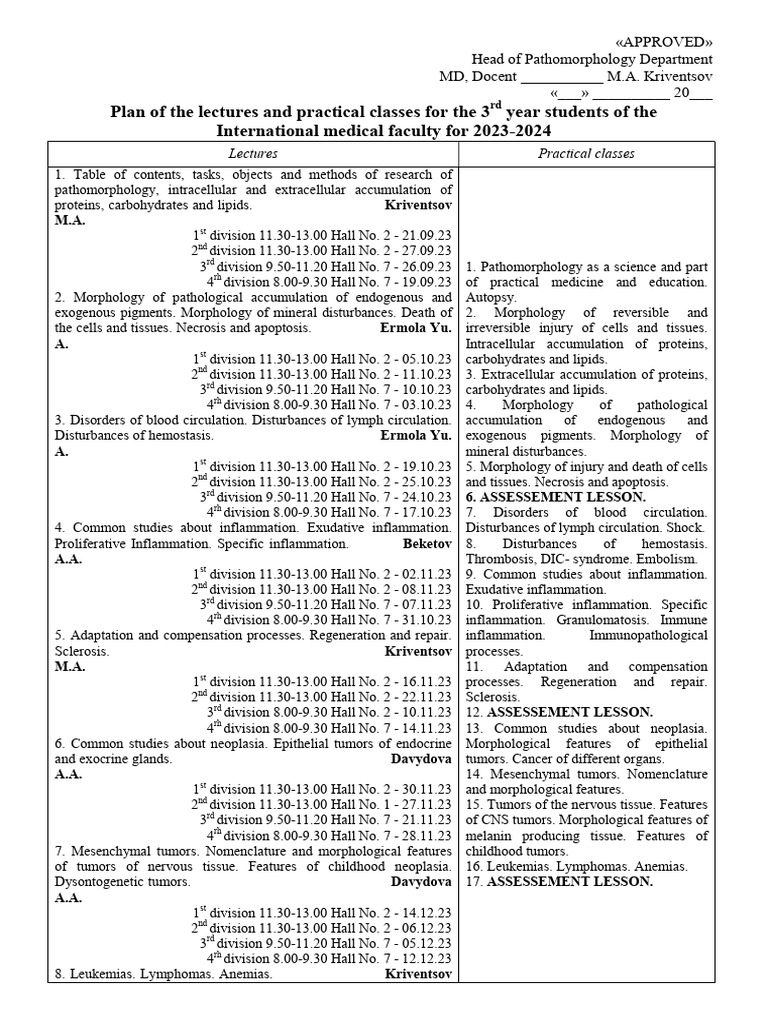 Pathomorphology Lecture Schedule 2023-24 | PDF | Neoplasms | Pathology