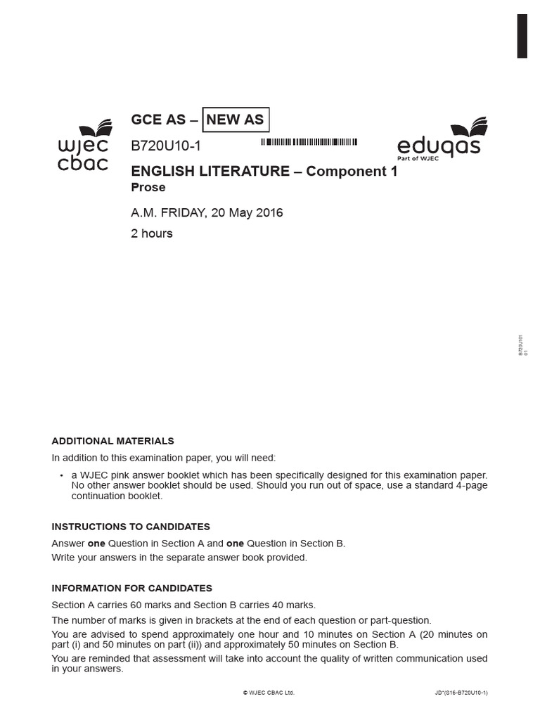 June 2016 QP - Component 1 WJEC English Literature AS-level | PDF | Elinor Dashwood