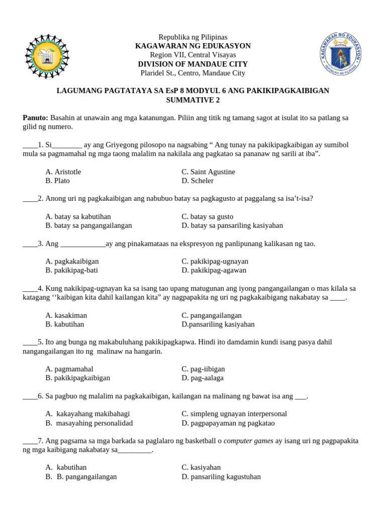Summative Esp8. Ang Pakikipagkaibigan | PDF