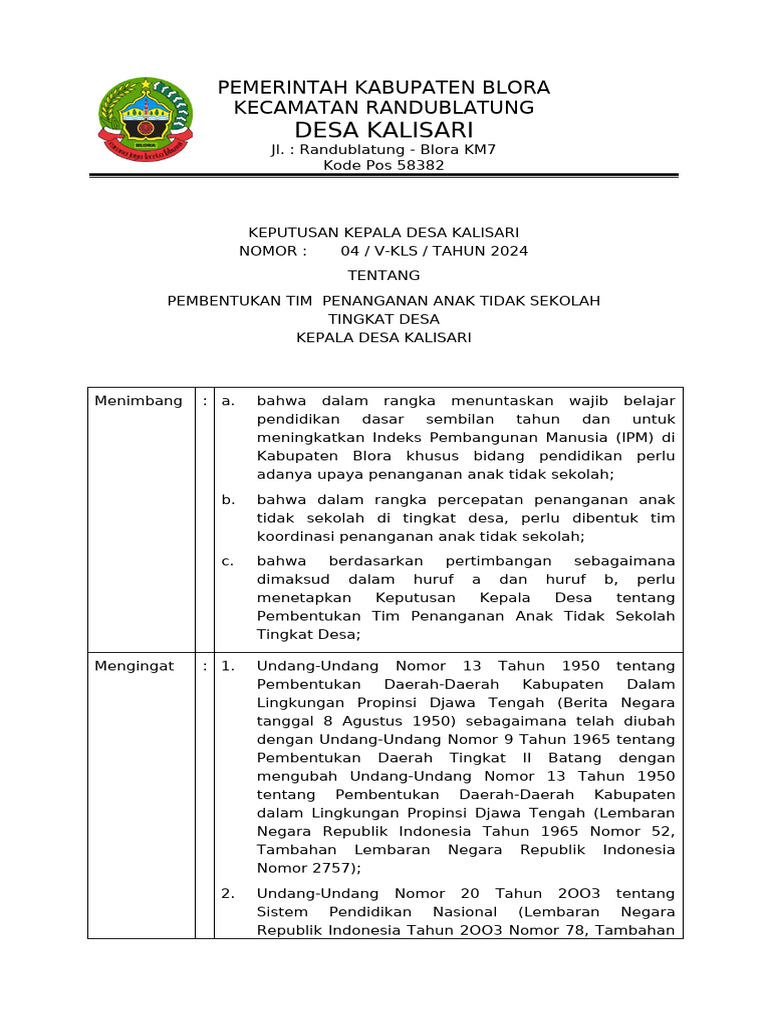 Pembentukan Tim Penanganan ATS Kalisari | PDF