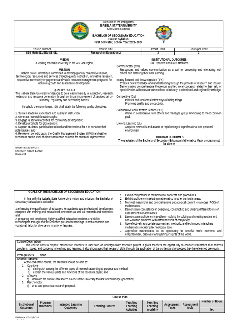 Isabela State University Education Syllabus | PDF | Cognition | Learning