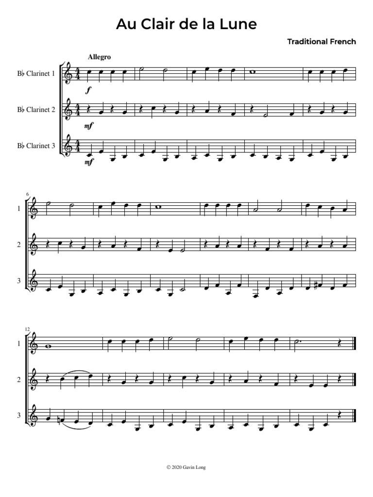 Au Clair de la Lune Clarinet Sheet | PDF