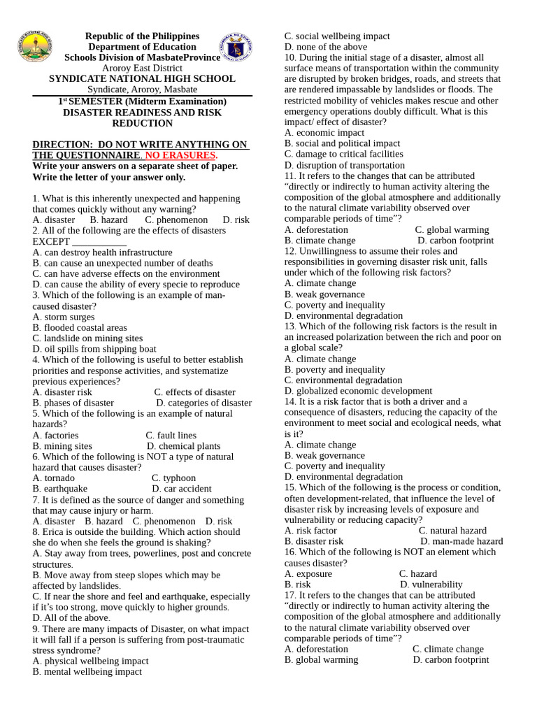 QUARTELY EXAMINATION IN DRRR | PDF | Natural Disasters | Hazards