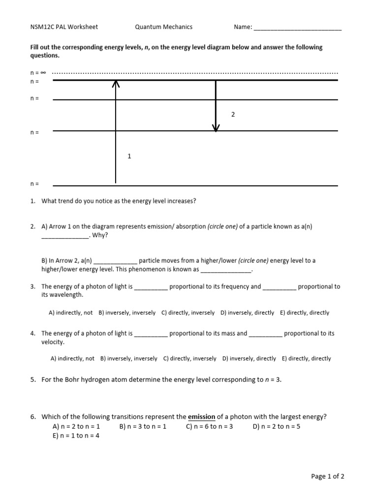 Quantum Mechanics Worksheet | PDF | Emission Spectrum | Electron