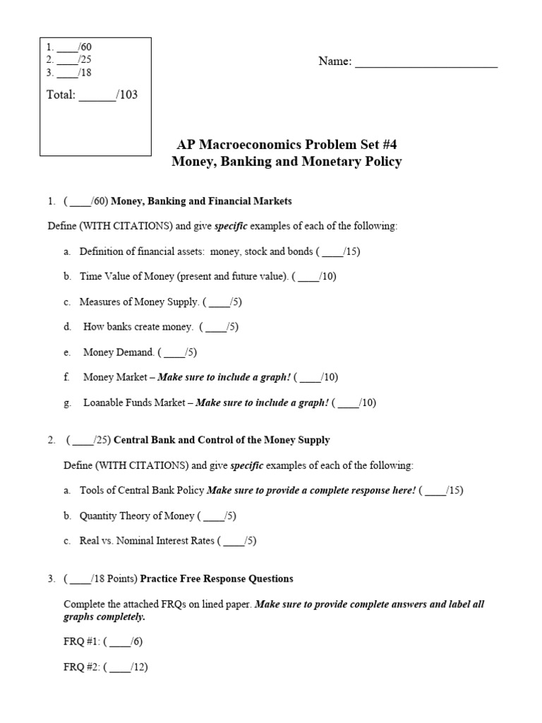 Ap Econ Uint 4 Problem Set | PDF | Money Supply | Monetary Policy