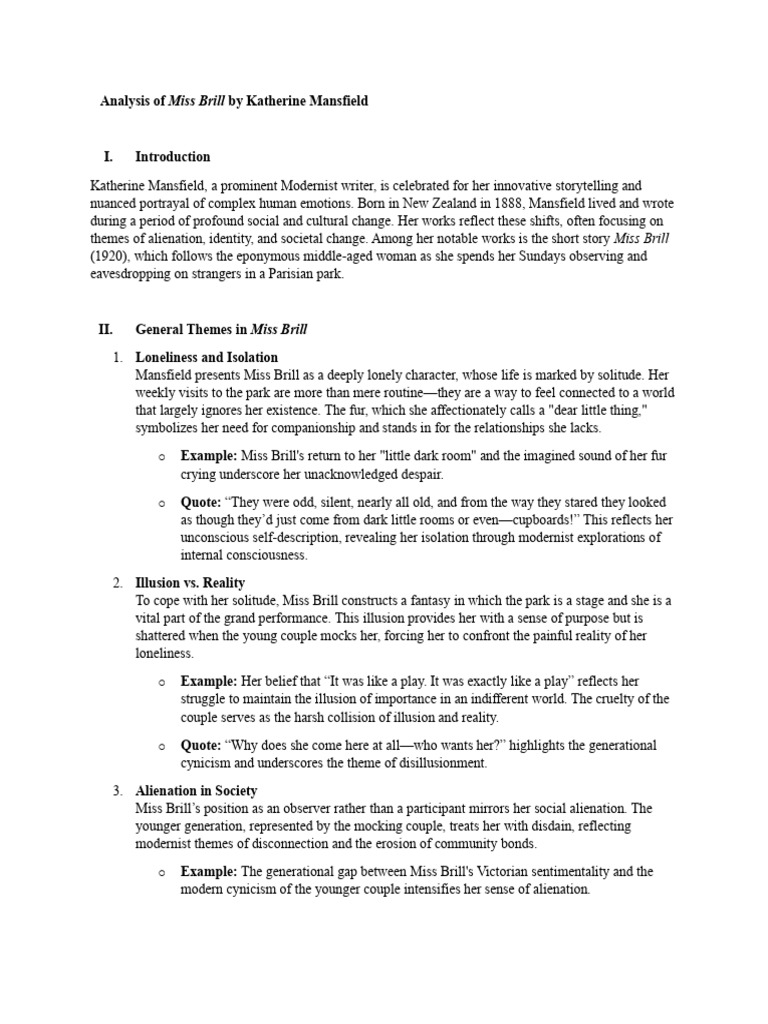 Analysis of Miss Brill by Katherine Mansfield | PDF | Modernism ...