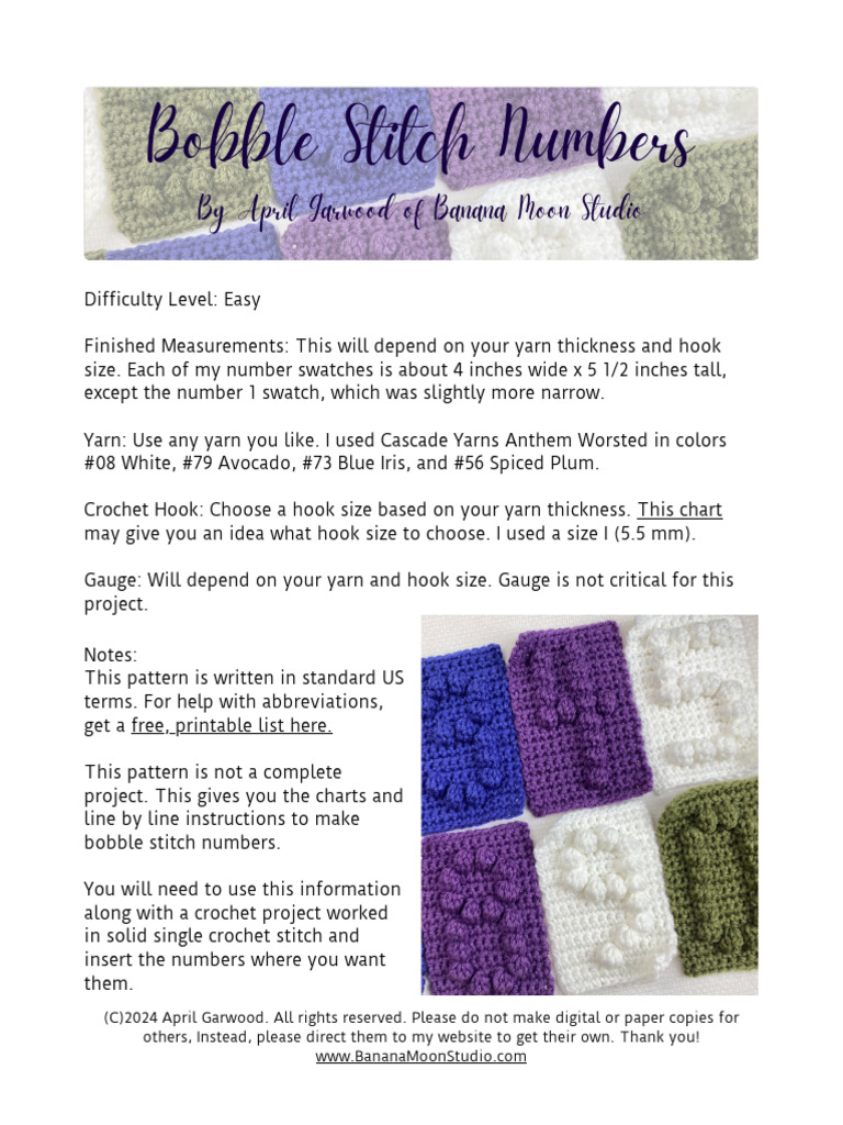Beginner Bobble Stitch Numbers | PDF | Crochet | Woven Fabrics