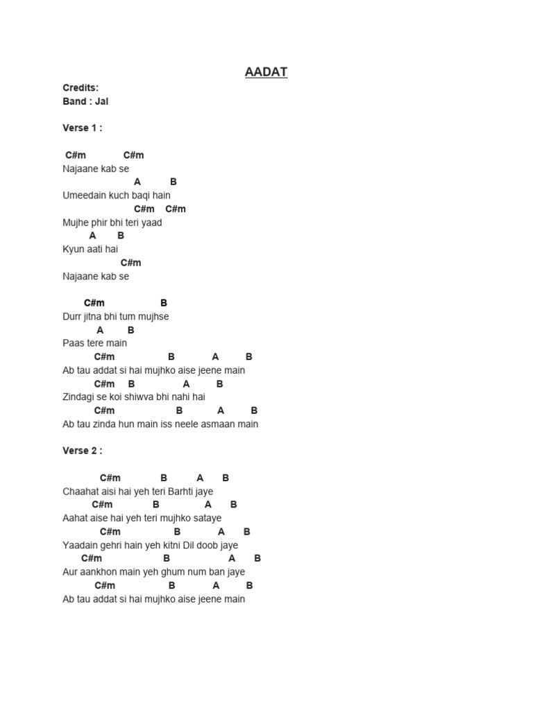 Aadat Lyrics and Chords by Jal | PDF