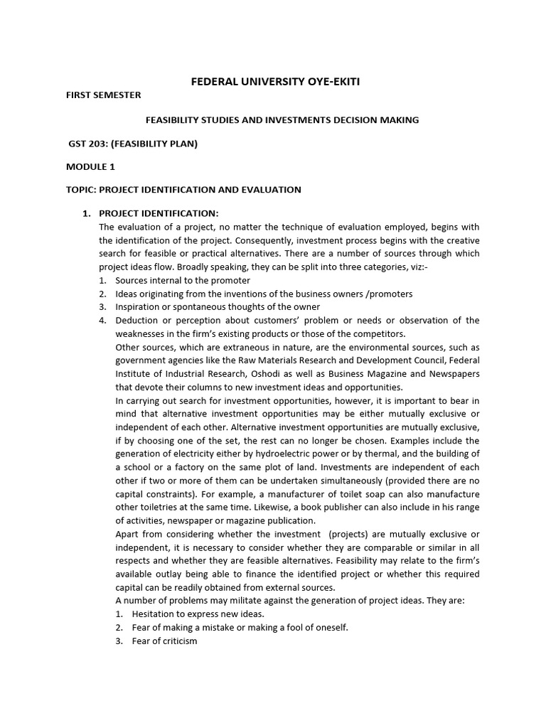 Feasibility Plan (Gst 203 Module 1)-1 | PDF | Feasibility Study | Economies Feasibility Plan (Gst 203 Module 1)-1 | PDF | Feasibility Study | Economies