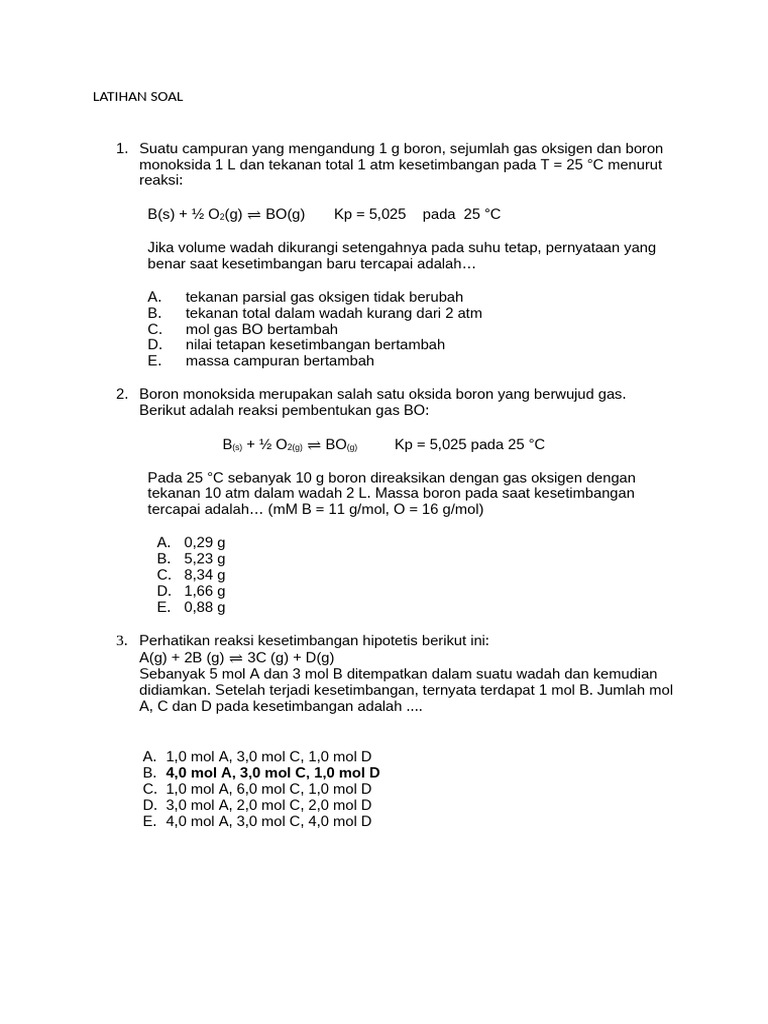 LATIHAN SOAL KESETIMBANGAN + TERMOKIMIA | PDF
