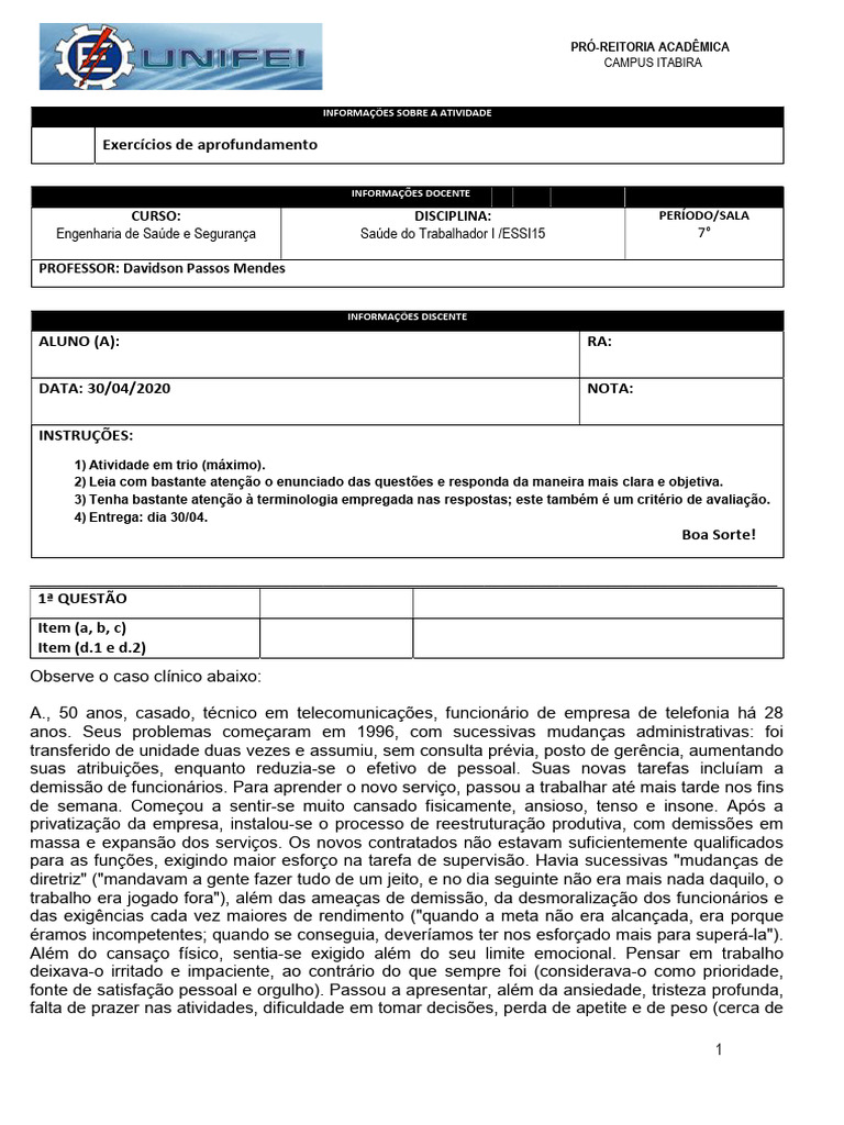 Exerccios ESSI15 - Conceito de Patologia Do Trabalho RTE | PDF | Mercúrio (elemento) | Psiquiatria