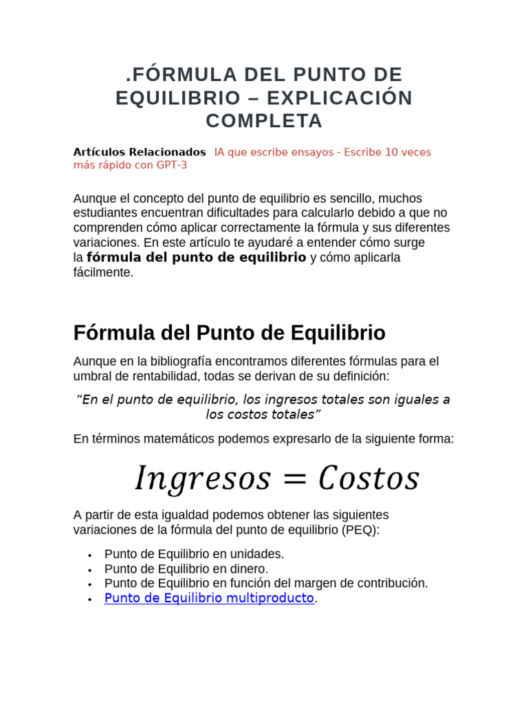 Fórmula Del Punto de Equilibrio | PDF | Negocios económicos | Precios
