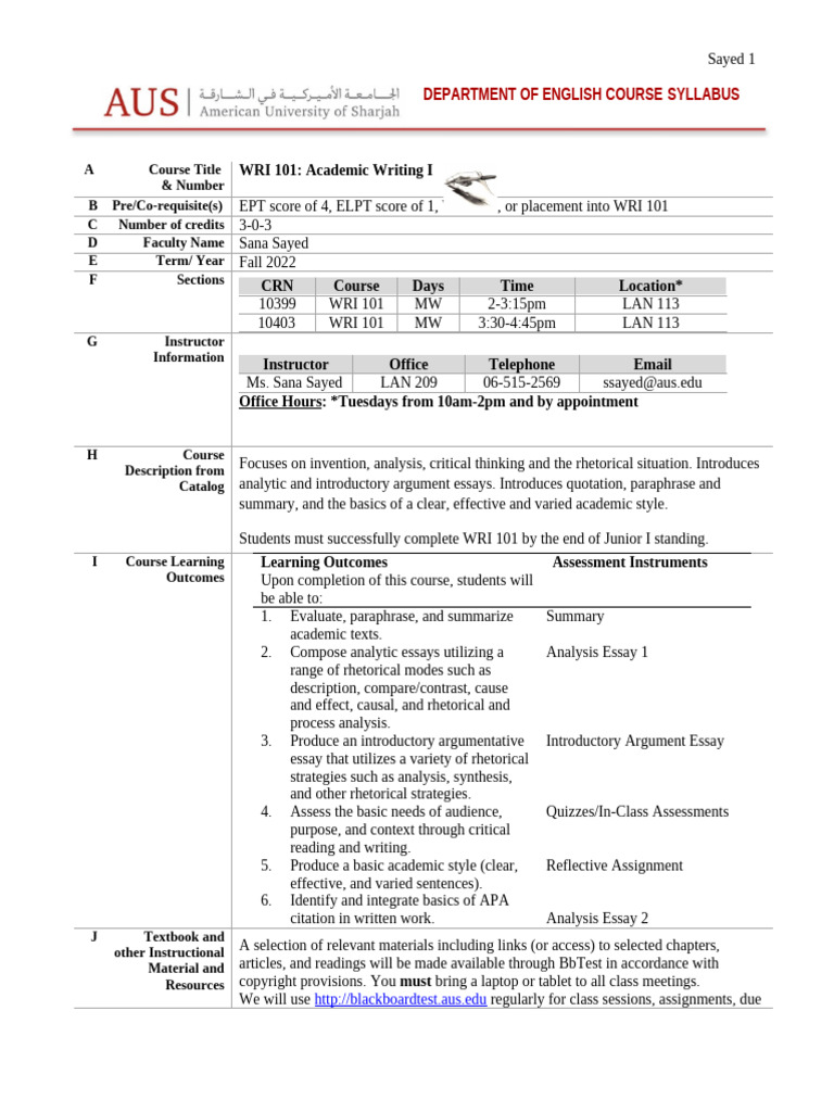 101 - Syllabus - Fall 2022 | PDF | Essays | Apa Style