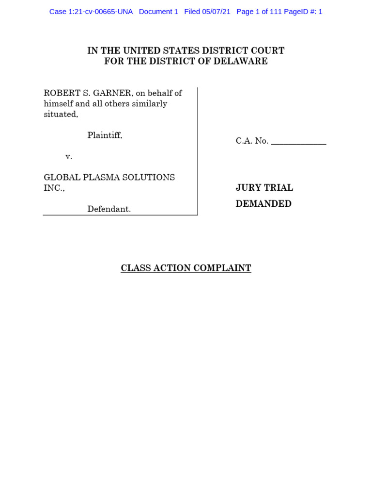 Garner V Global Plasma Solutions Inc | PDF | Class Action | Ozone
