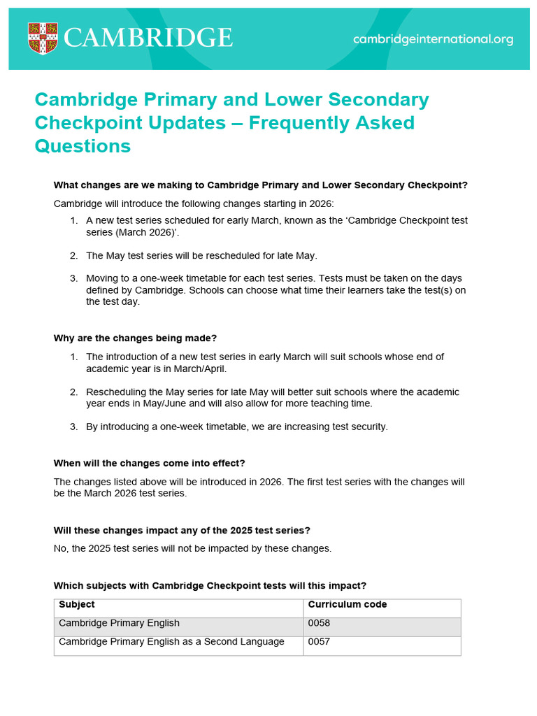 Cambridge Primary and Lower Secondary Checkpoint Faqs January 2025 ...