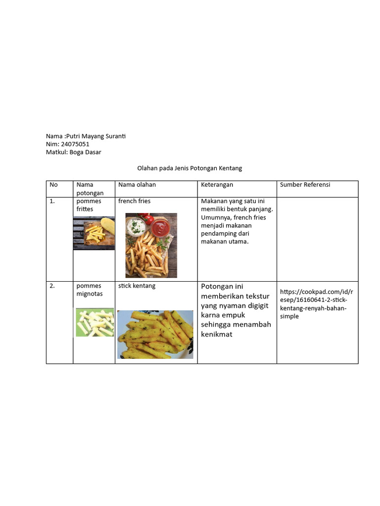 Teknik potongan kentang dan hidangannya | PDF